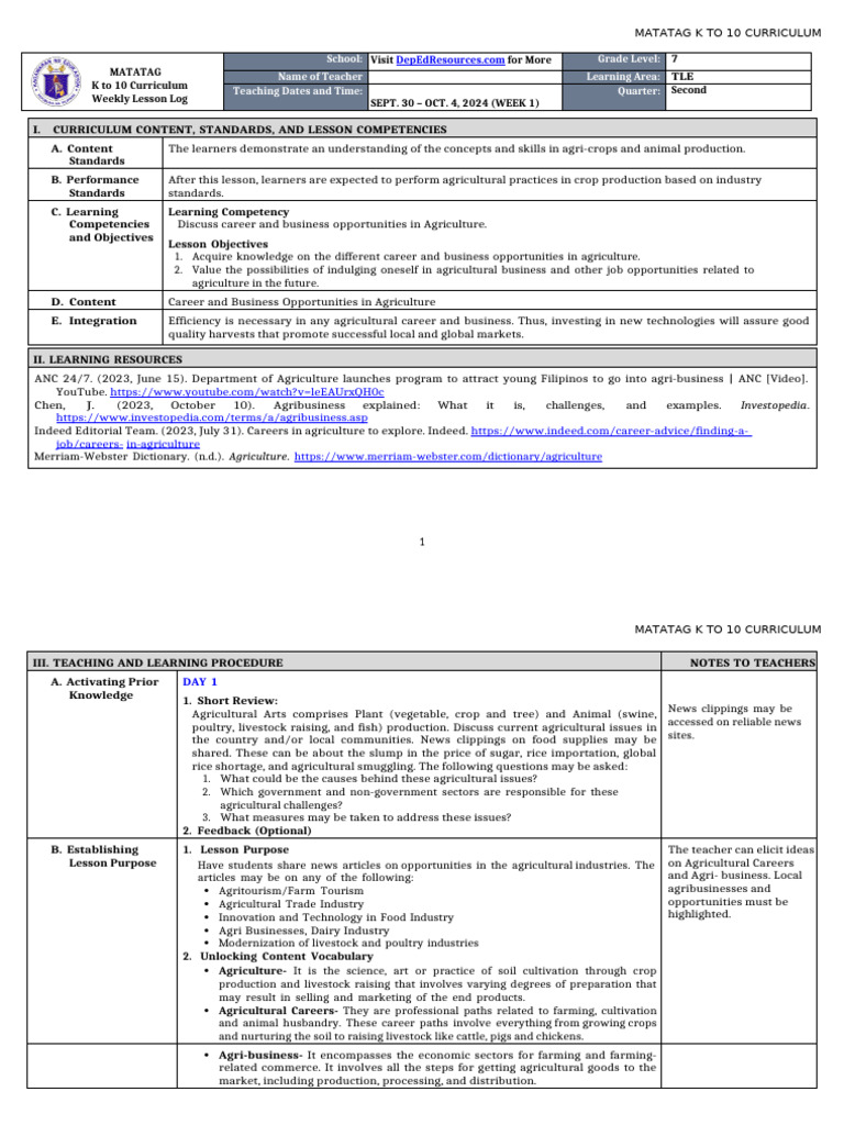 DLL Matatag - Tle 7 Q2 W1 | PDF