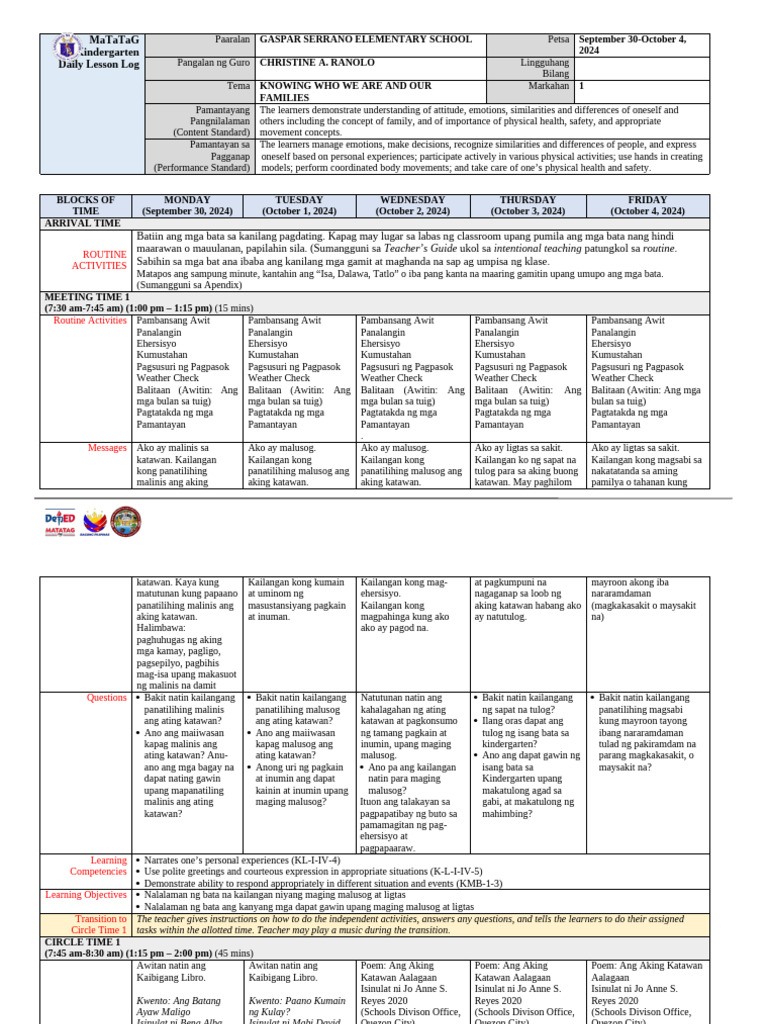 Kindergarten DLL MATATAG - Q1 W10 - BCD | PDF