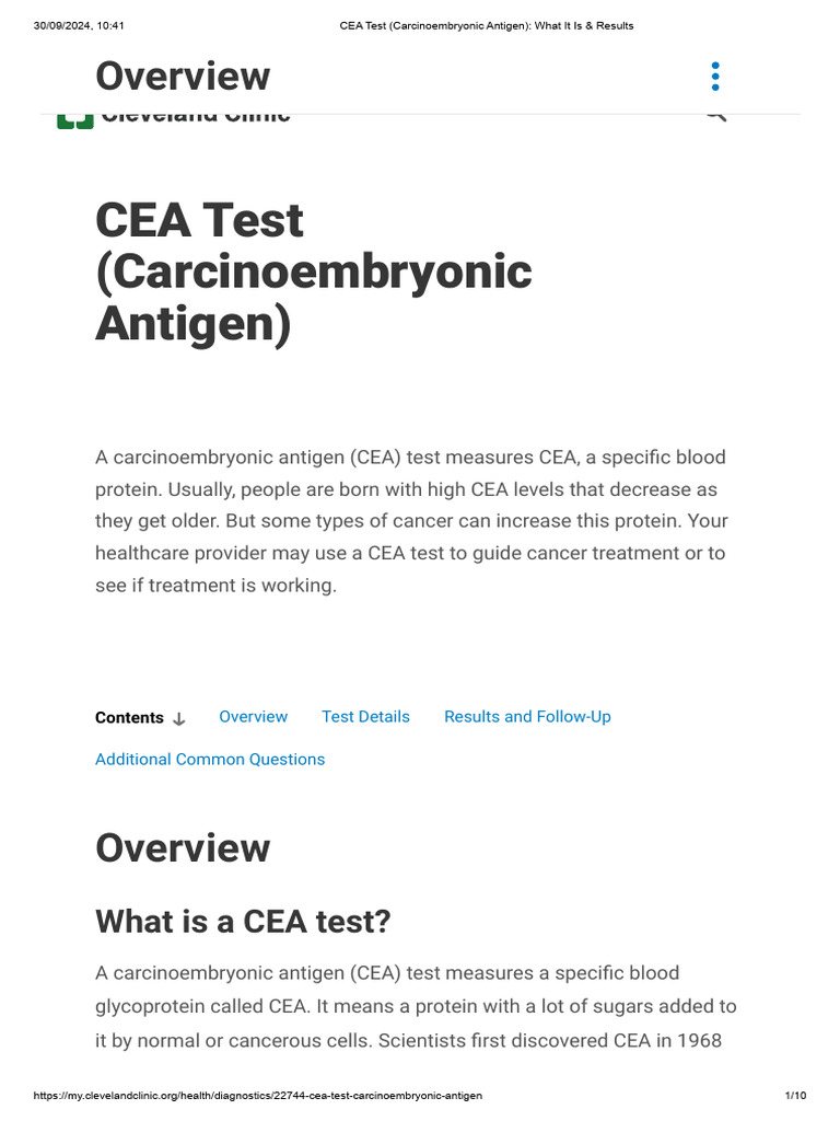 CEA Test (Carcinoembryonic Antigen) - What It Is & Results | PDF