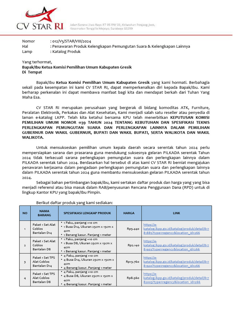 STAR Proposal KPU Kabupaten Gresik - P.harmadi | PDF