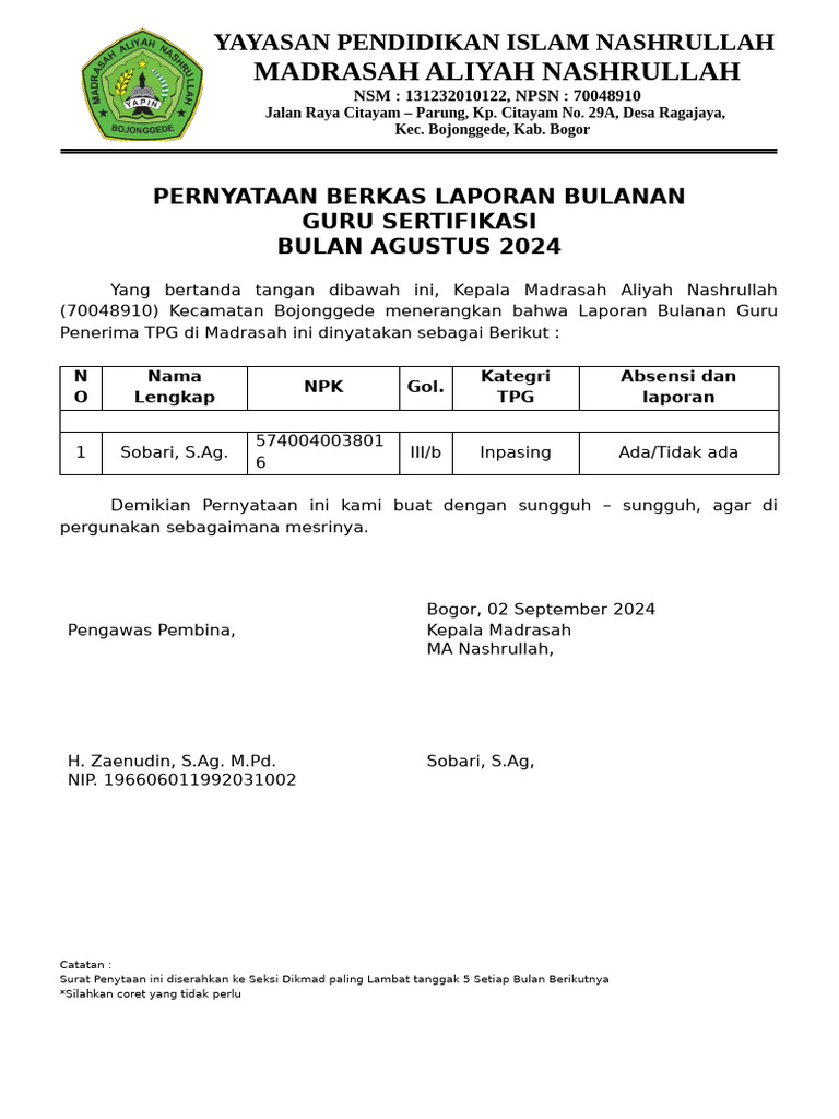 Berkas Laporan Bulanan | PDF