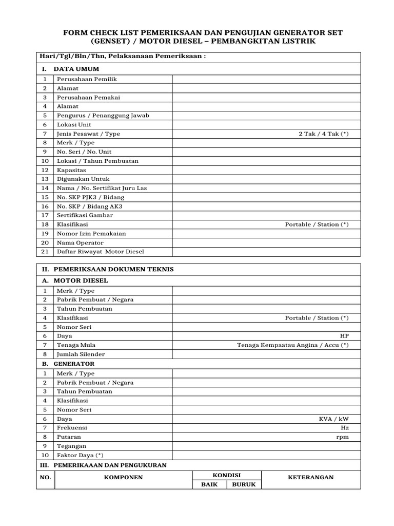 1 - IWS - Checklist Riksa Uji - Pembangkit - Genset | PDF