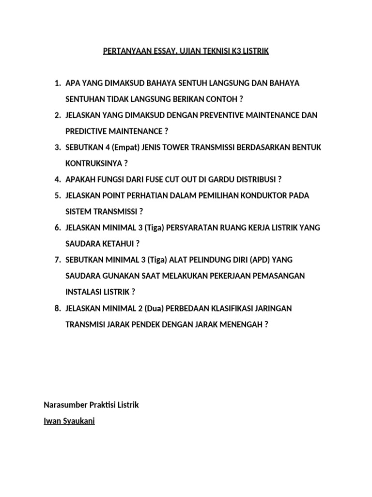 Lat Soal Essay - Teknisi K3 Listrik 2022 | PDF