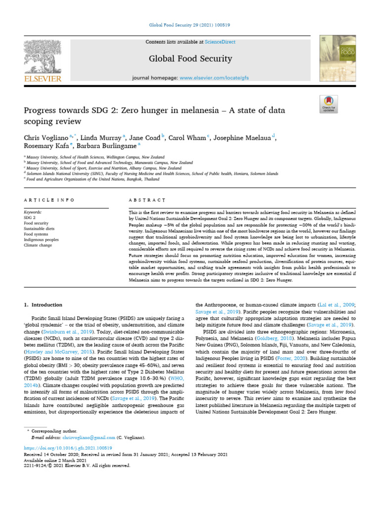 Progress Towards SDG 2 Zero Hunger in Melanesia - A State of Data | PDF