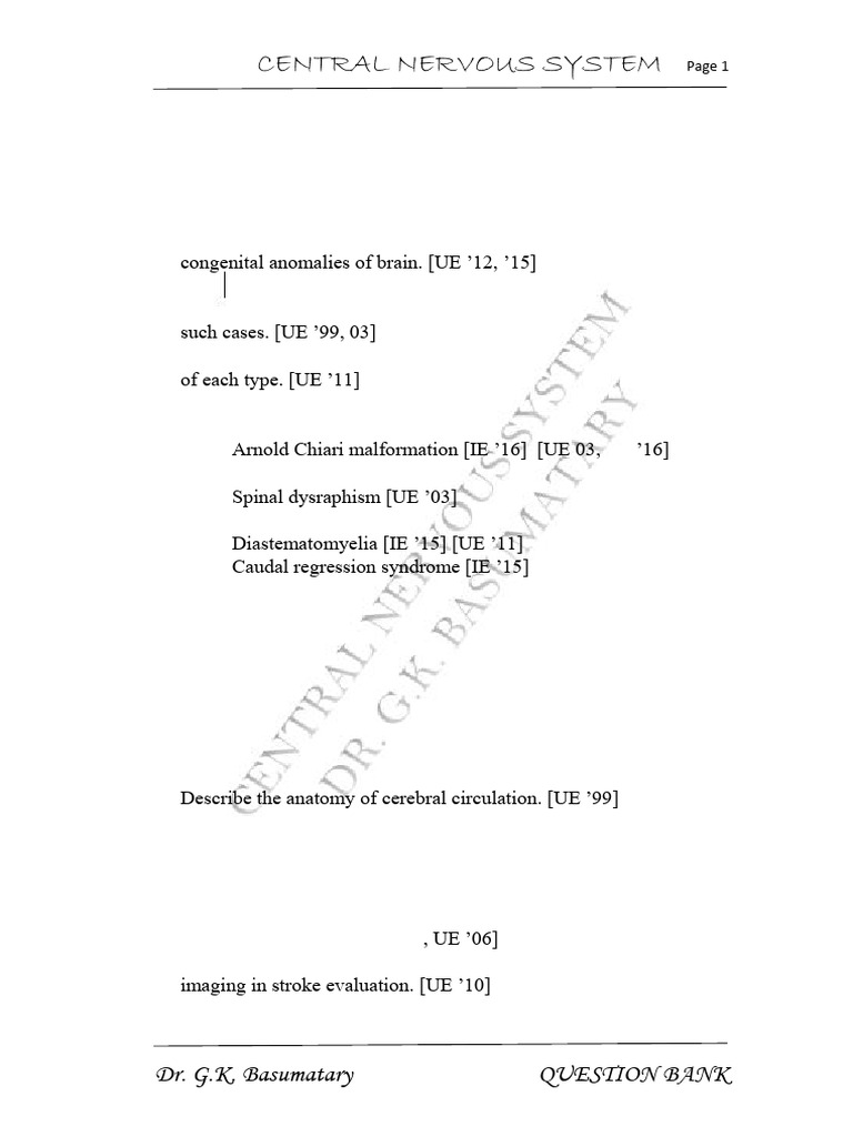 Central Nervous System: Question Bank | PDF