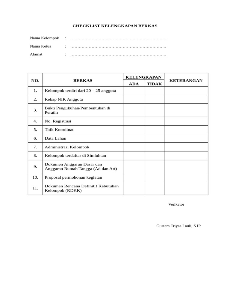 Checklist Kelengkapan Berkas | PDF