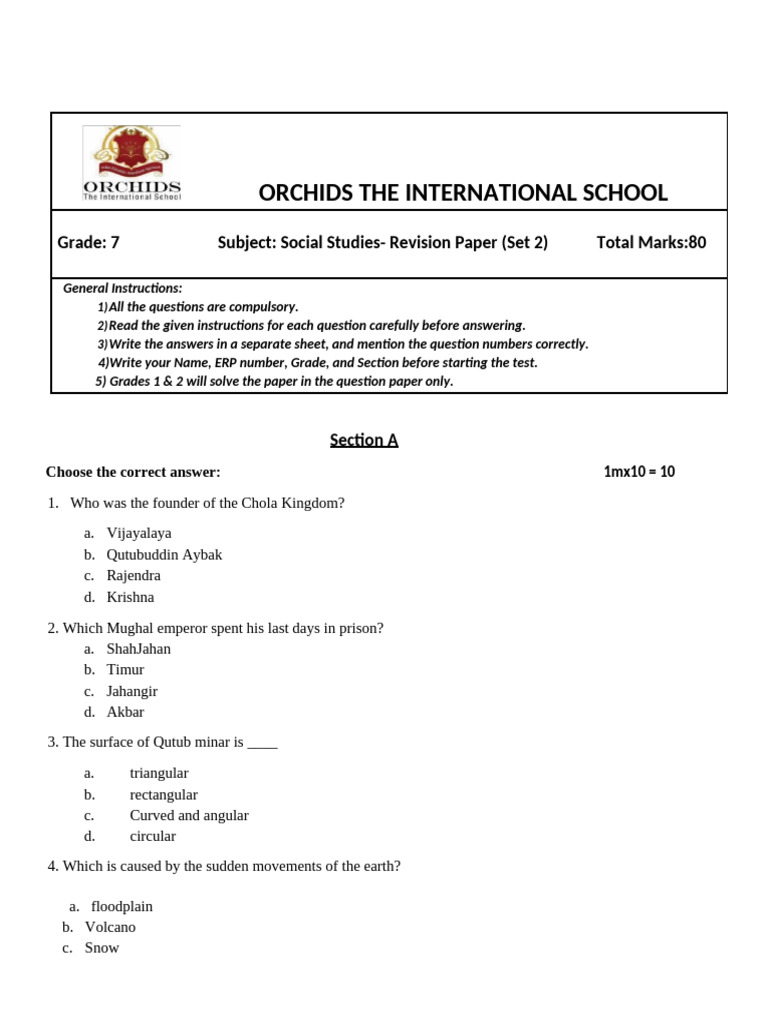 Sa1 Worksheet Class 7 SST (Set-01) | PDF