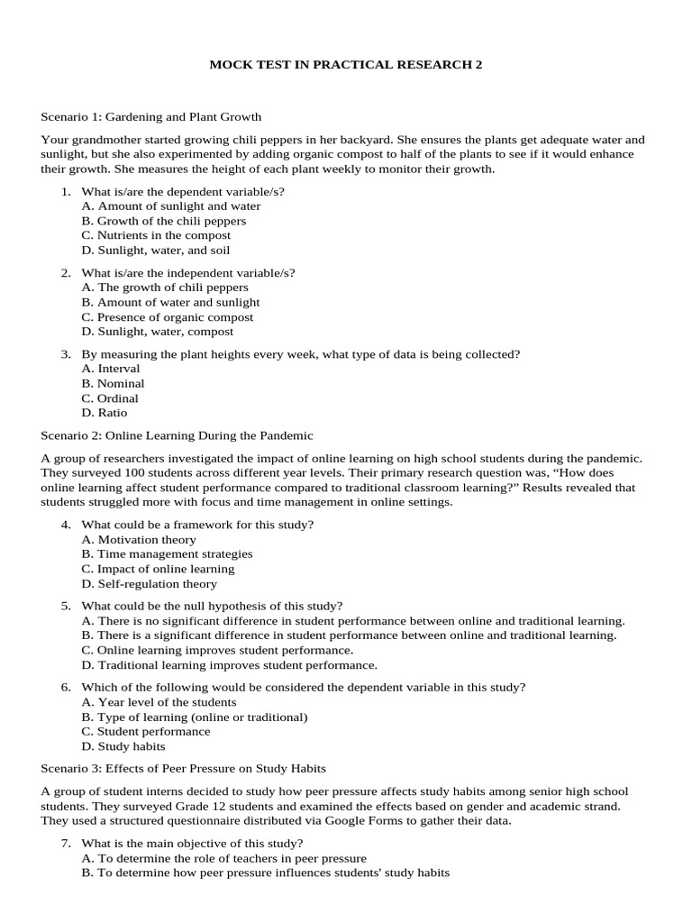 Practical Research Mock Test Scenarios | PDF | Experiment | Career & Growth