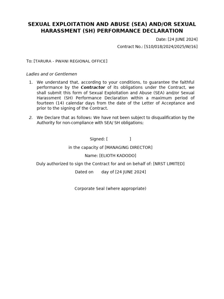 Sexual Exploitation and Abuse (Sea) And/Or Sexual Harassment (SH) Performance Declaration | PDF