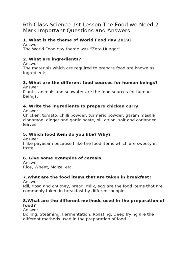 6th Class Science 1st Lesson The Food We Need 2 Mark Important ...