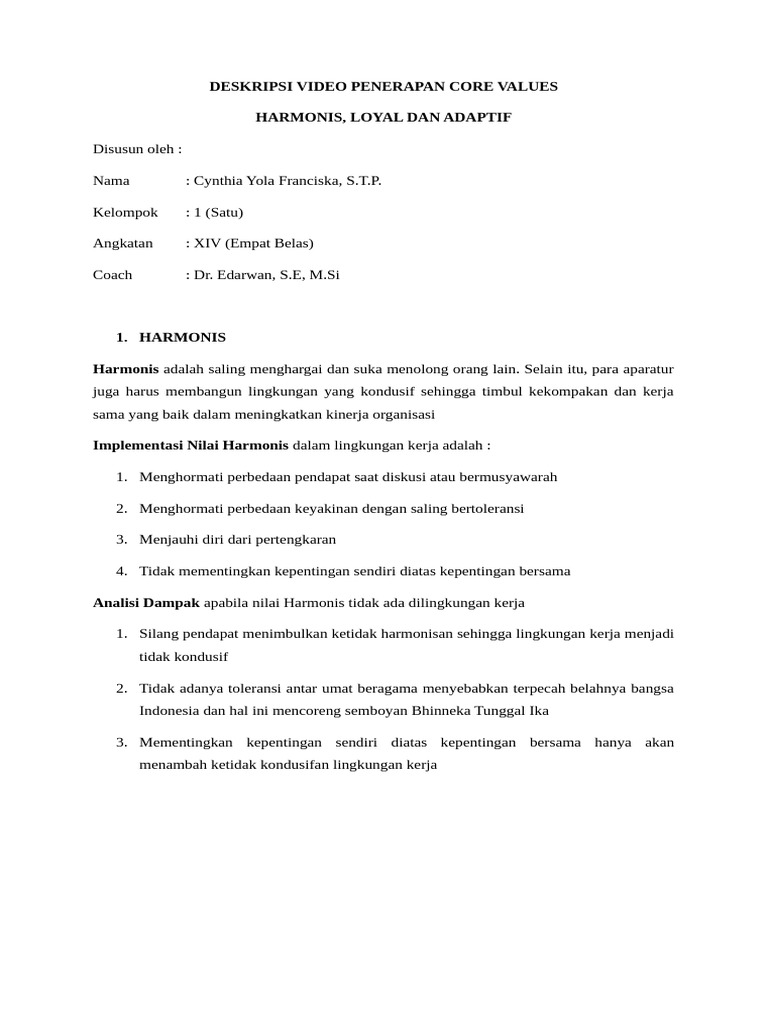 Cynthia Yola Franciska - Kelompok 1 - Core Values (Harmonis Loyal Adaptif) | PDF