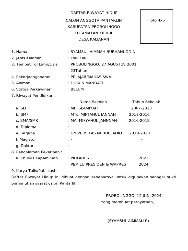 Daftar Riwayat Hidup Sab | PDF