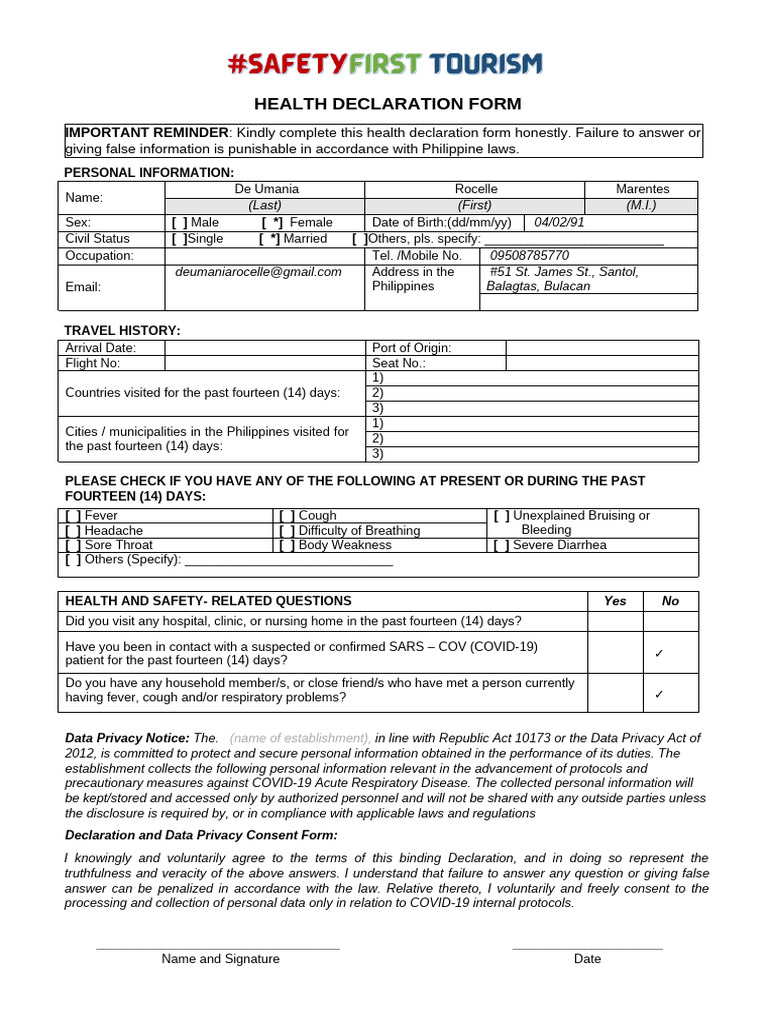 Health Declaration Form | PDF | Information Privacy | Diseases And ...