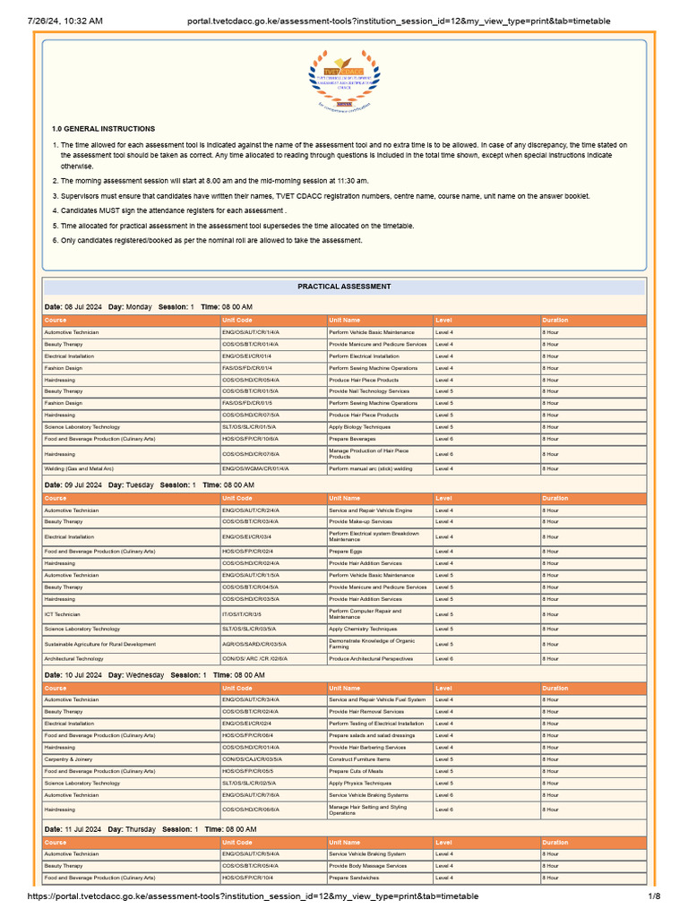 TVET Assessment Schedule July 2024 | PDF