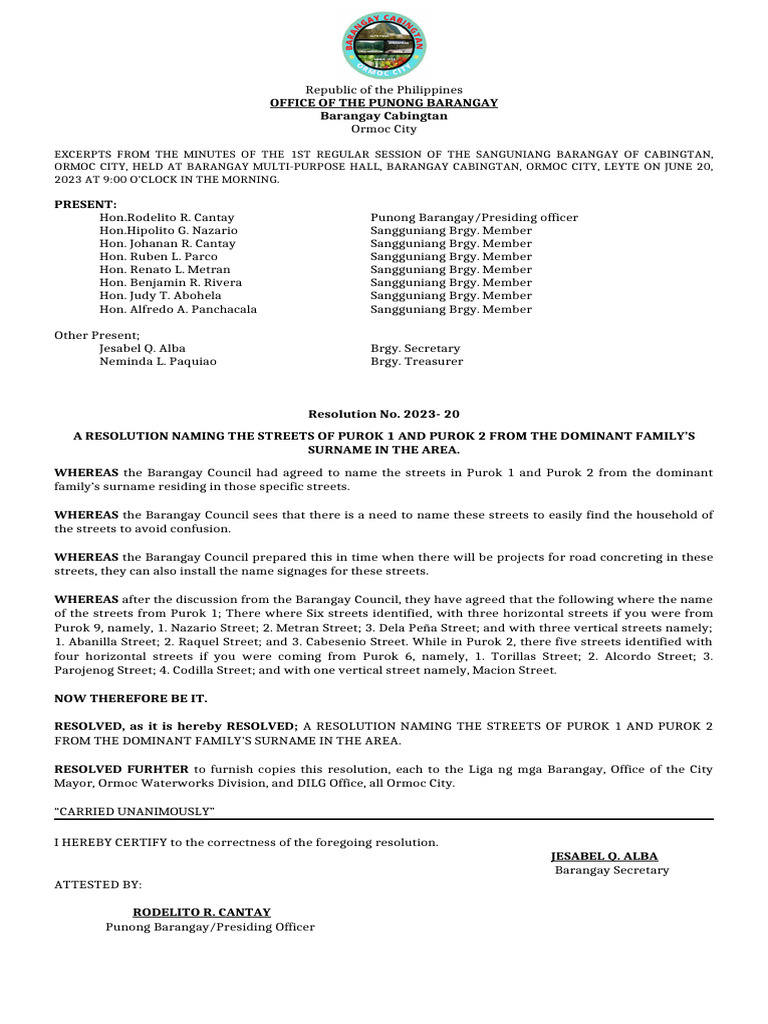 Resolution 20 - Naming of Streets For Purok 1 and Purok 2 | PDF