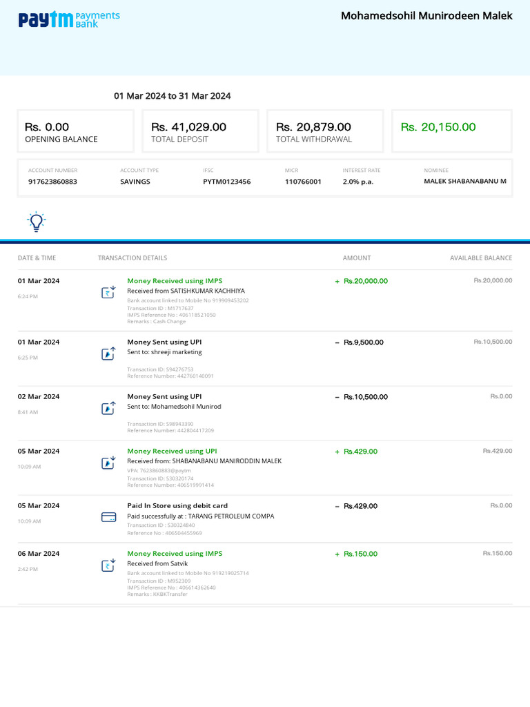 Paytm Payments Bank Statement | PDF