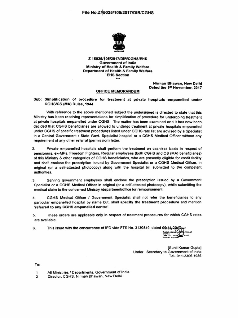 Circular 9 November 2017 For Referral To CGHS | PDF | Government Of India | Government