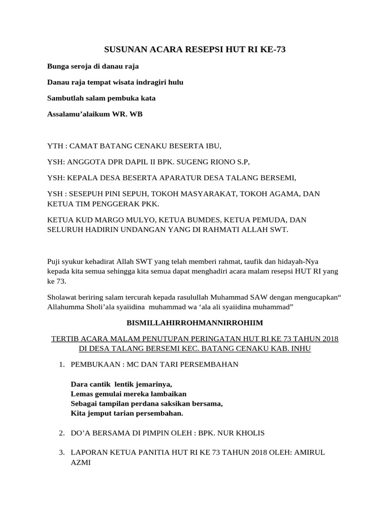 Susunan Acara Resepsi Hut Ri Ke | PDF