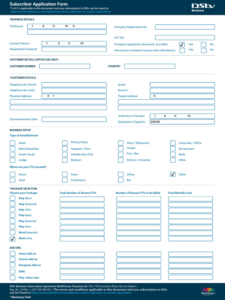 DStv Business Subscription Form | PDF | Banks | Finance & Money Management