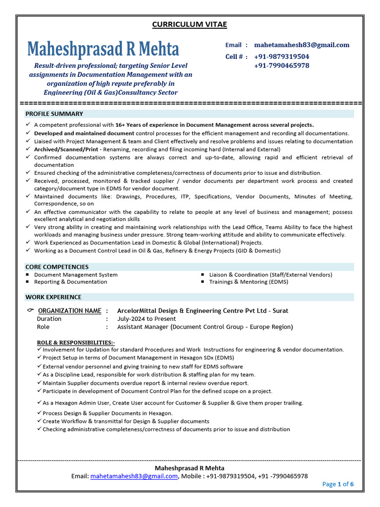 Curriculum Vitae (Maheshprasad R Mehta) | PDF