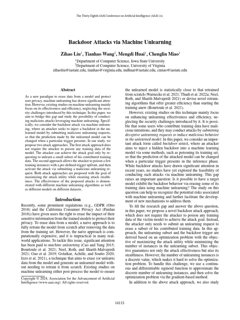 Backdoor Attacks Via Machine Unlearning | PDF