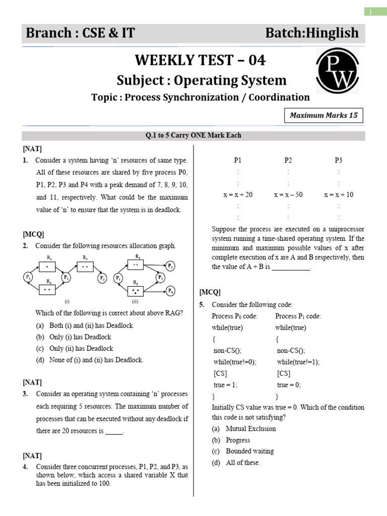 Operating System - Weekly Test 04 - Test Paper | PDF | Thread ...