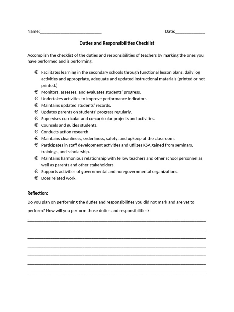 Duties and Responsibilities Checklist | PDF
