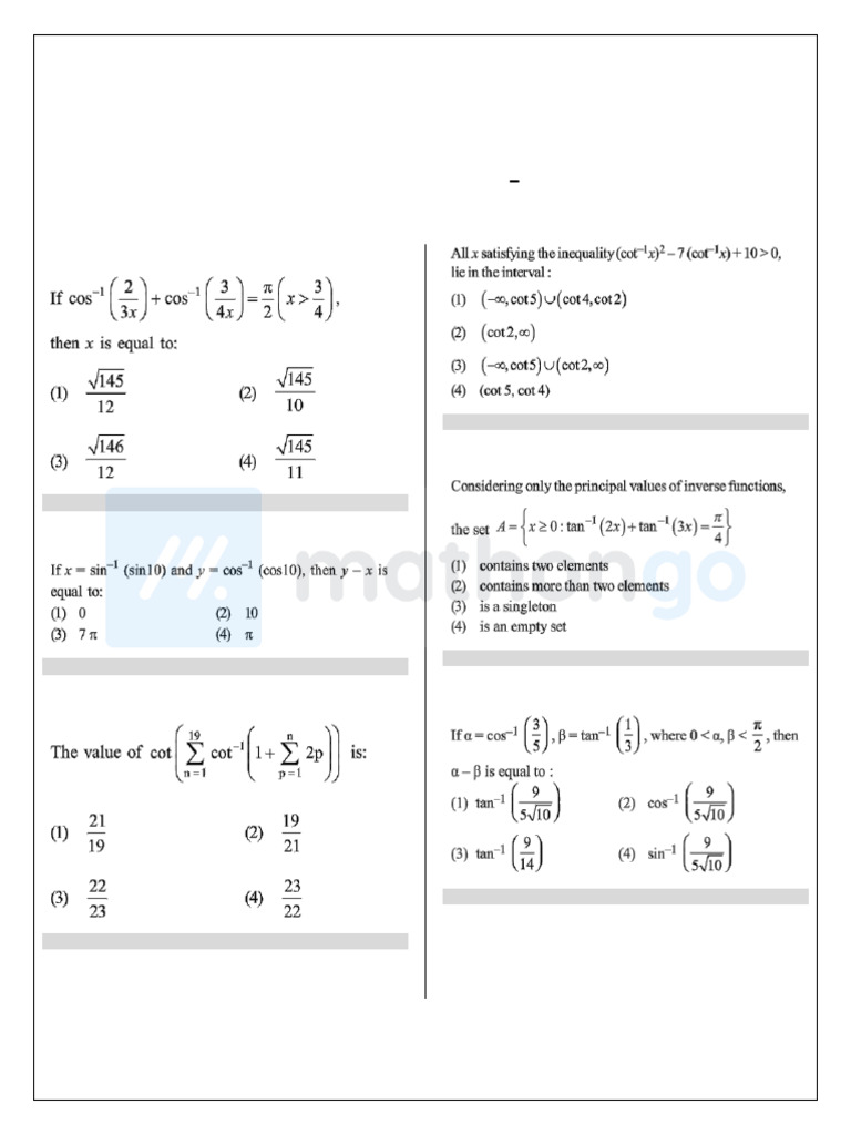 CQB Math Jee Main 2019 Inverse Trigonometric Functions | PDF