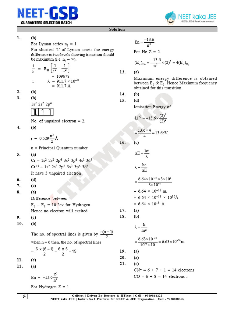 Atomic Structure GSB Test 05 Sol. (@urstrulyrm) | PDF