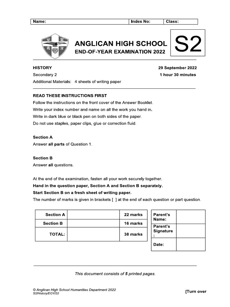 Anglican High School S2 History EOY 2022 | PDF