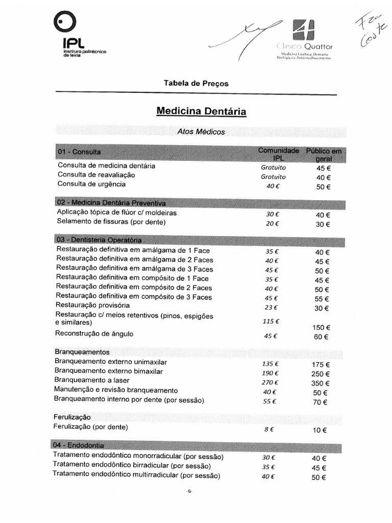 Tabela de Precos Clinica Quattor Centro Clinico Vida Nova Lda. | PDF