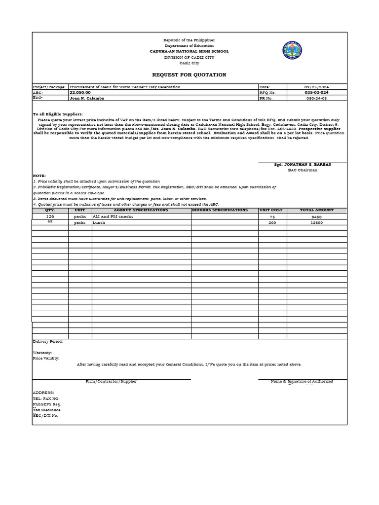 Request For Quotation: 126 Packs AM and PM Snacks | PDF