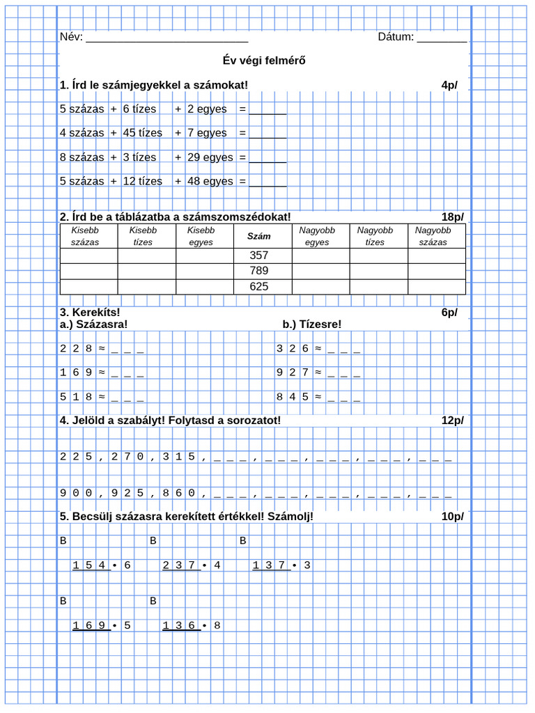 Év Végi Felmérő Matek 3. Oszt. | PDF