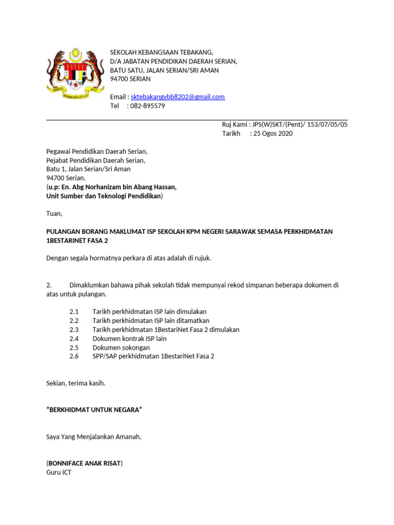 Pulangan Borang Maklumat 1BestariNet Fasa 2 | PDF
