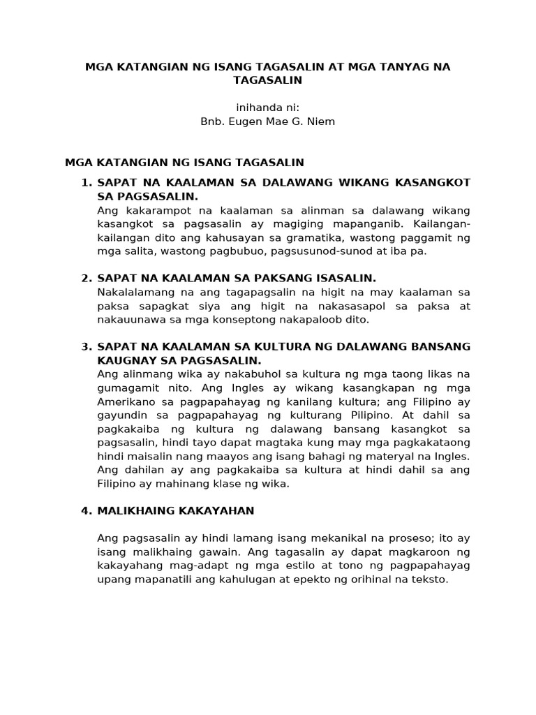 Mga Katangian NG Isang Tagasalin at Mga Tanyag Na Tagasalin | PDF