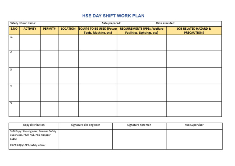Hse Day Shift Work Plan - Updated | PDF