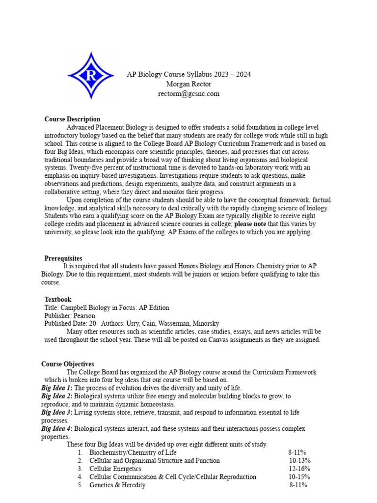 AP Biology Course Syllabus 2023-24 | PDF