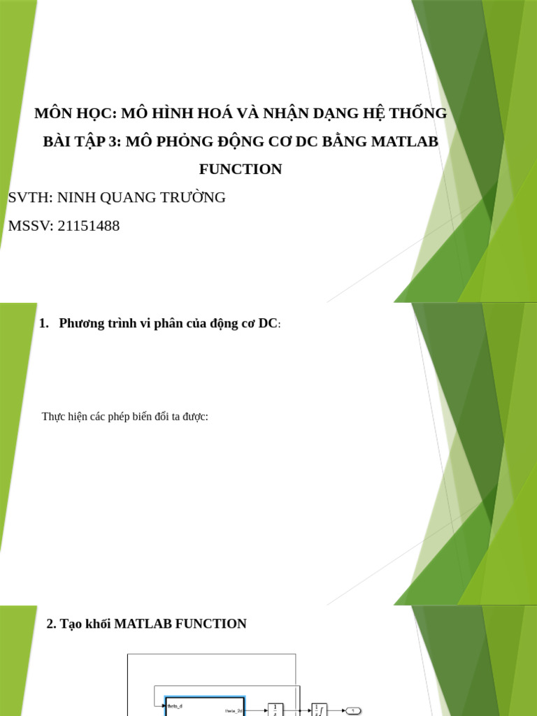 Môn Học: Mô Hình Hoá Và Nhận Dạng Hệ Thống Bài Tập 3: Mô Phỏng Động Cơ Dc Bằng Matlab Function | PDF