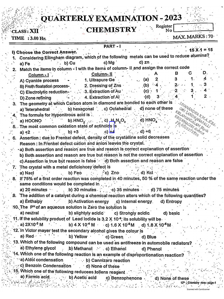 12th Chemistry Quarterly Exam 2023 Original Question Paper Krishnagiri ...