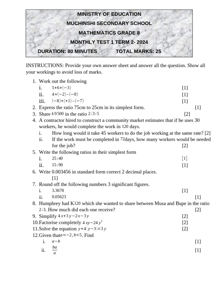 Grade 8 Monthly Test 1 | PDF