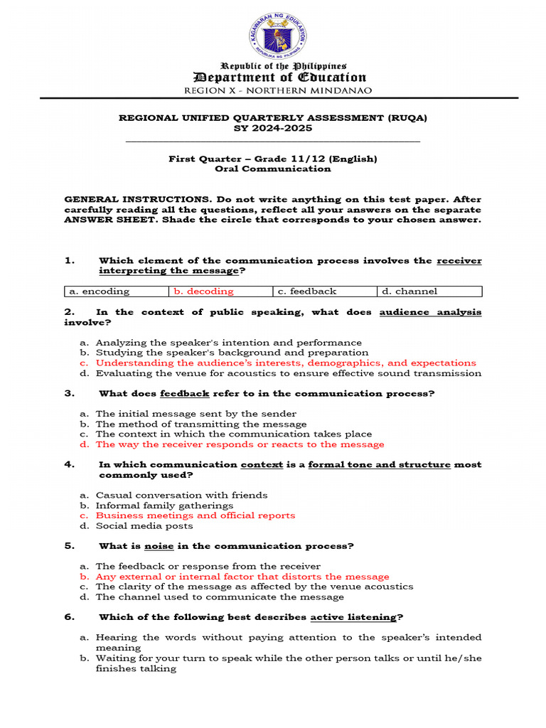 Grade 11 12 English Oral Comm Q1 Assessment Answer Key | PDF
