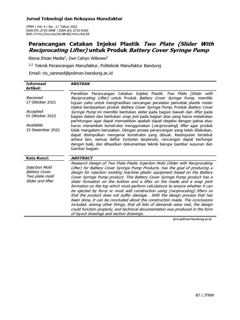 Perancangan Cetakan Injeksi Plastik Two Plate (Slider With ...