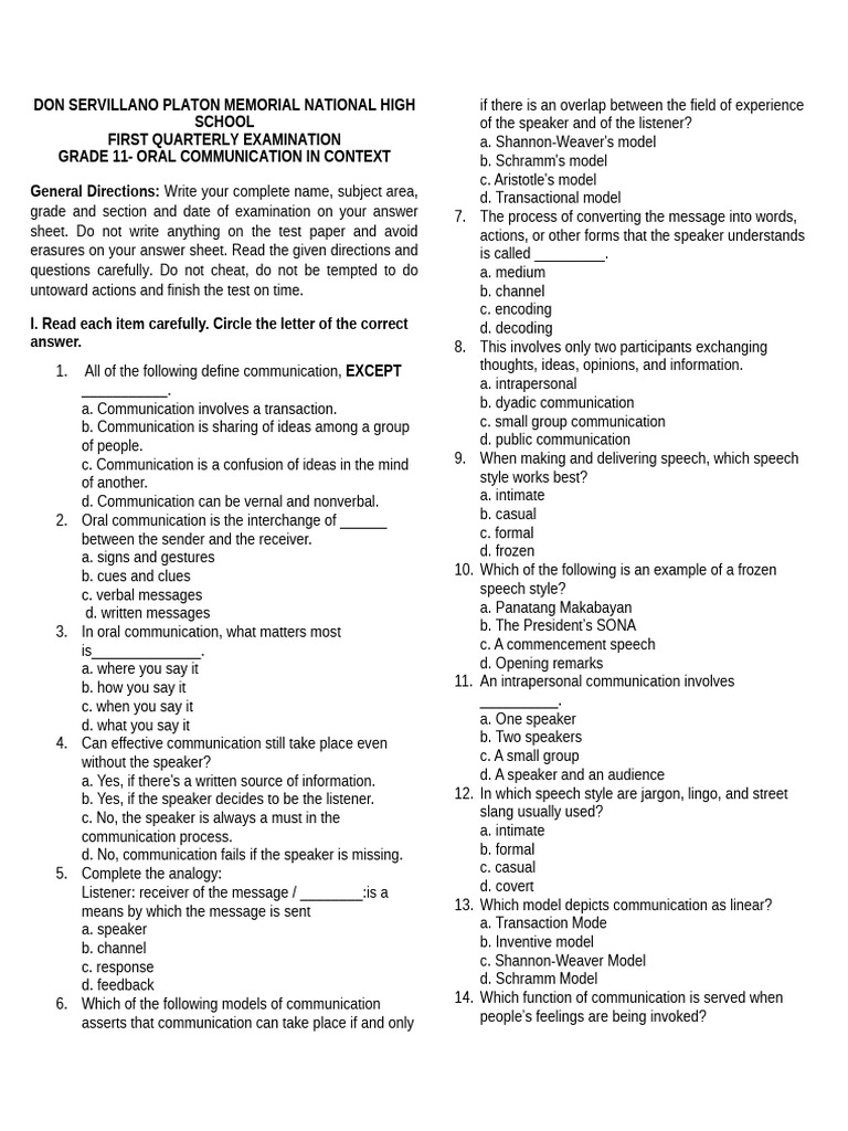 Q1 Exam in Oral Com 2 | PDF