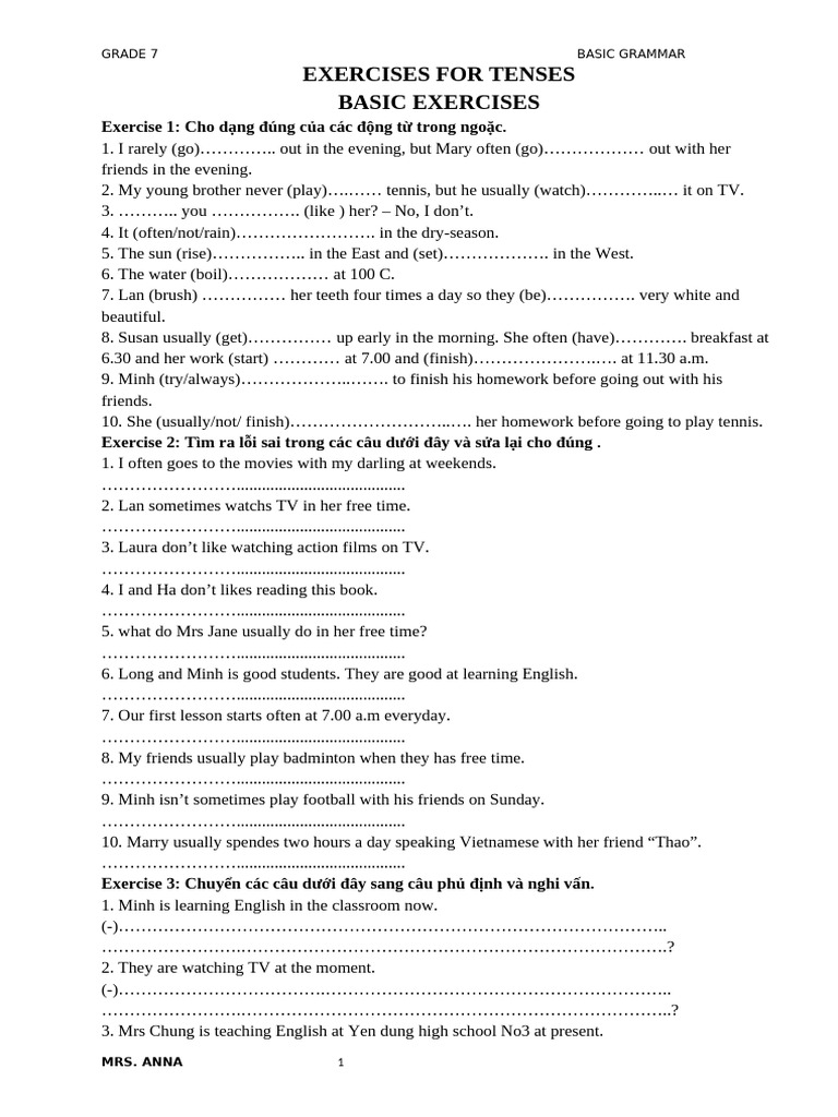 Basic Exercises For Tenses | PDF