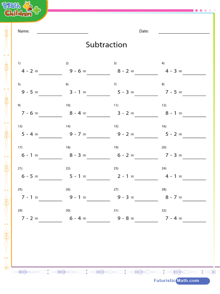 Subtract Numbers Horizotally Aranged 1 Digits Worksheet | PDF