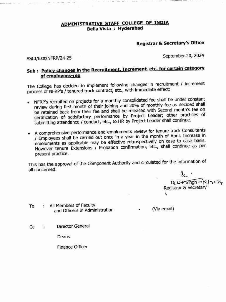 Policy Changes in Rectt, Increment, Etc., For Certain Category of ...