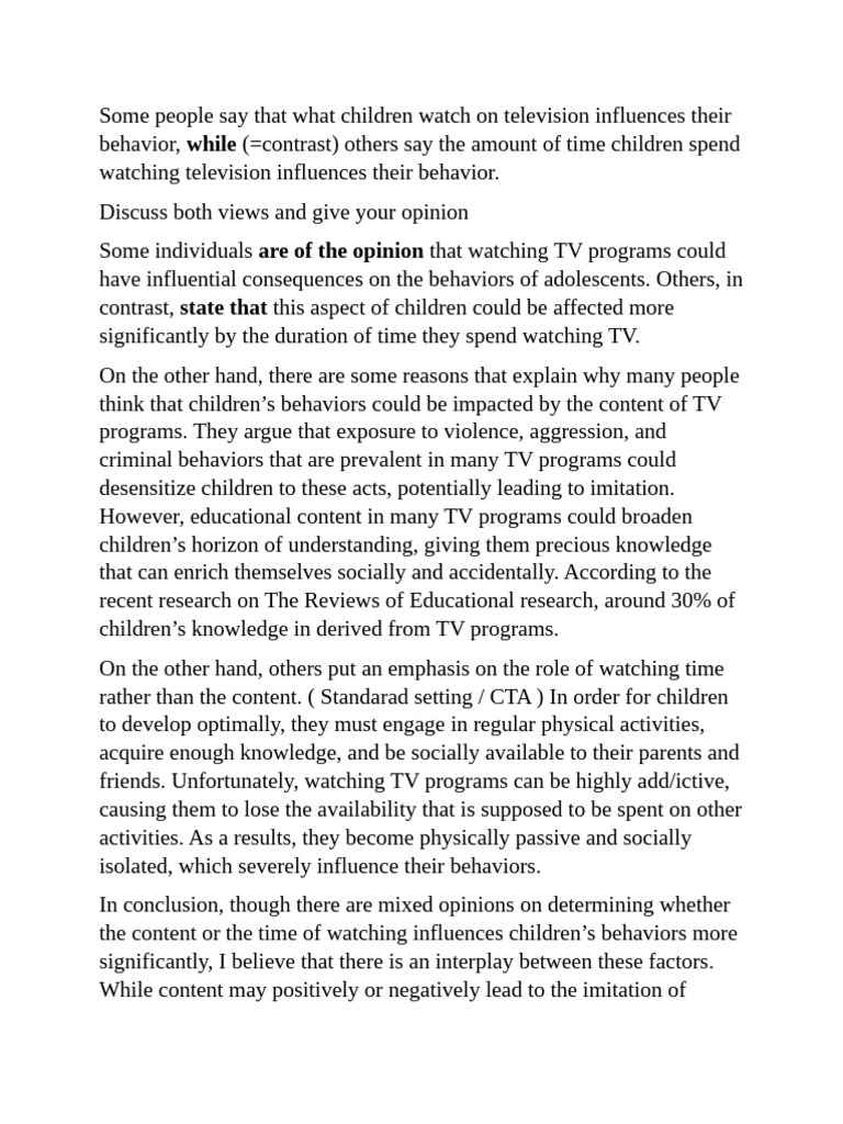 Some People Say That What Children Watch On Television Influences Their ...