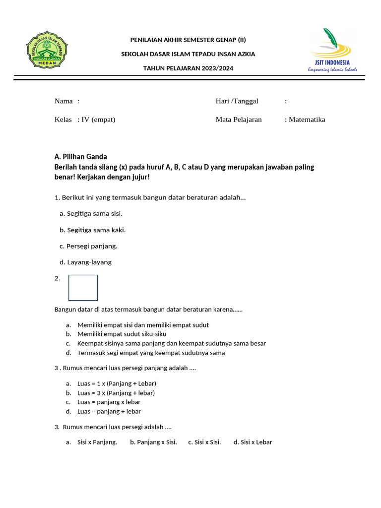 Soal Pas Sem 2 Matematika Kelas 4 2024 | PDF