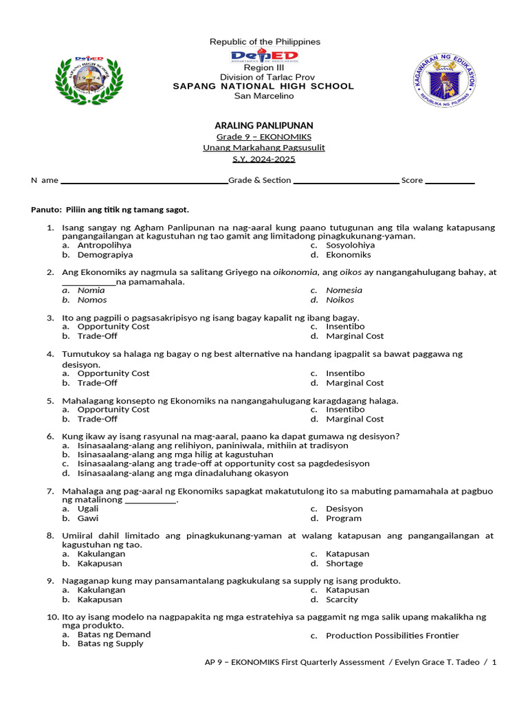AP 9 Exam First Gradingdocx | PDF
