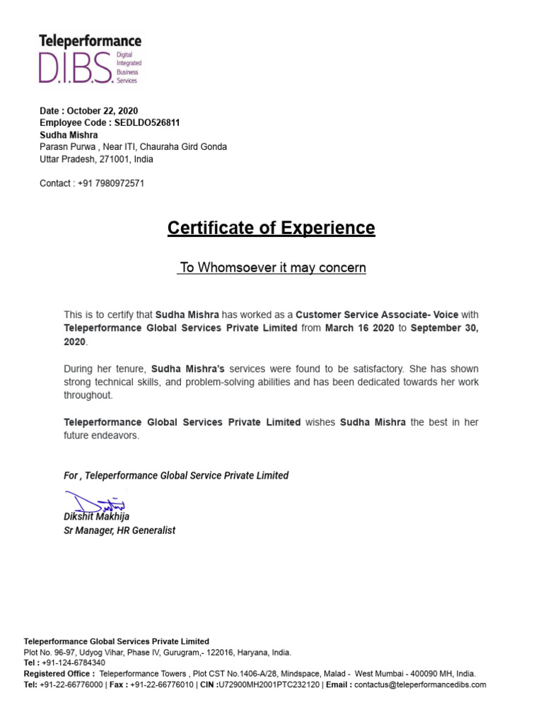 Experience Certificate Sample Noida | PDF